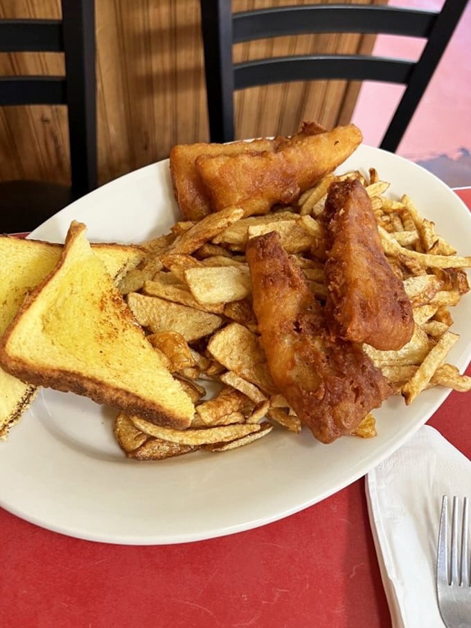 Who says diners can't do seafood? This fish and chips proves breakfast joints have hidden talents.