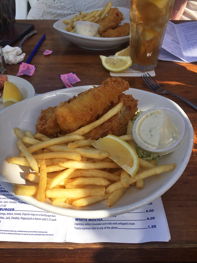Fish and chips that would make a British pub jealous. Crispy, golden batter protecting flaky white fish&mdash;a beach classic elevated to art form.