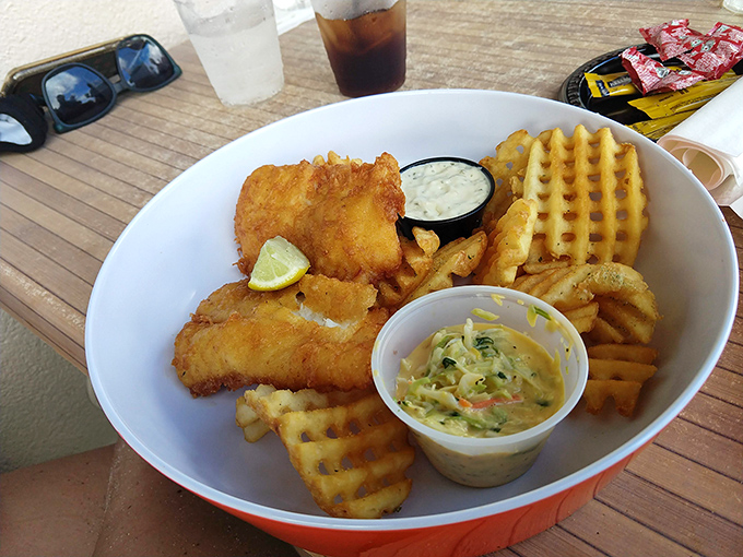 Fish and chips that would make a Bostonian homesick, served with waffle fries and slaw. The Atlantic Ocean provides both the view and the main ingredient.