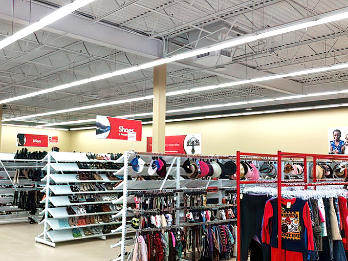 Department store organization meets yard sale prices in this meticulously arranged footwear and apparel section.