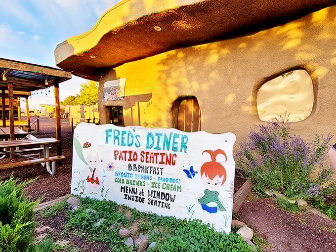 Fred's Diner offers patio seating with a side of whimsy &ndash; no woolly mammoth burgers on the menu, but plenty of charm.