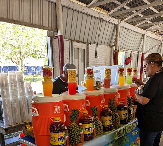 Florida heat meets its match with fresh-squeezed fruit drinks in rainbow colors, served from coolers that have seen a thousand summer Saturdays.