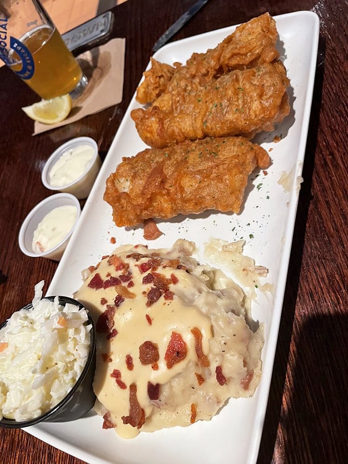 Wisconsin's Friday tradition: beer-battered fish, creamy potatoes, and coleslaw. The holy trinity of end-of-week celebration.