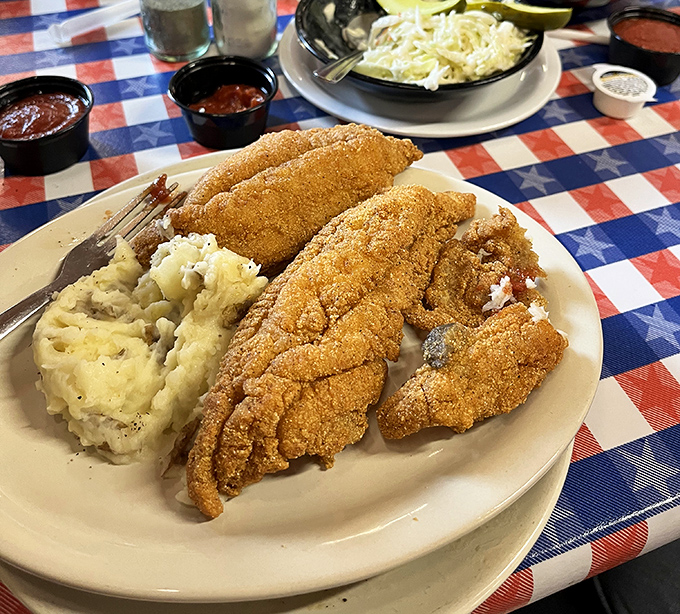 Cornmeal-crusted catfish that's crispy outside, flaky inside, paired with mashed potatoes that could make a grown person weep with joy. Southern poetry on a plate.