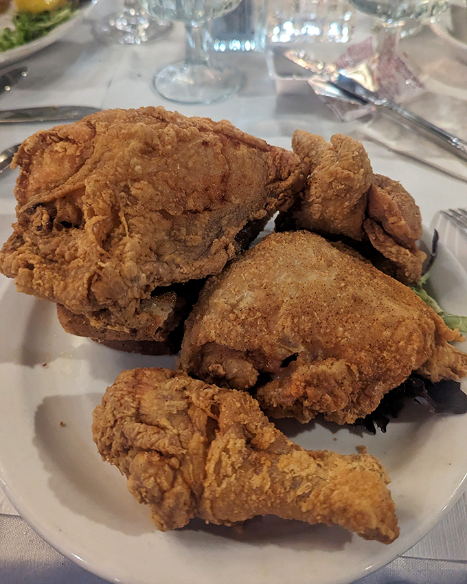 Fried chicken that puts Colonel Sanders on notice &ndash; a crunchy, craggly exterior protecting juicy meat that practically begs to be fought over.