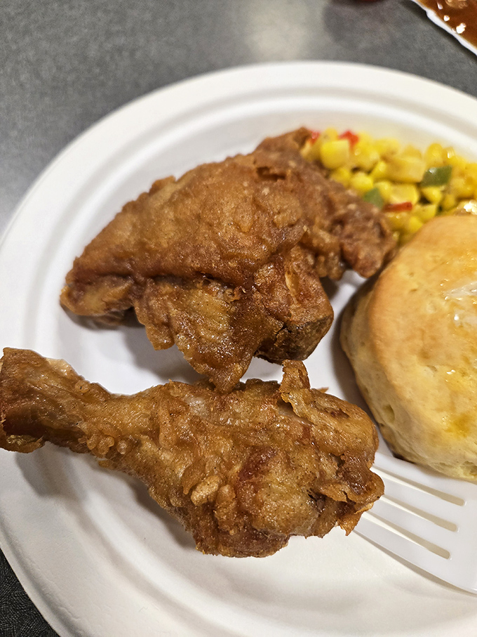 Crispy meets juicy in this plate of Southern comfort, with corn and a biscuit standing by for supporting roles.