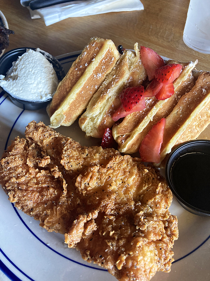 Crispy outside, juicy inside&mdash;this chicken and waffle plate is what breakfast dreams about when it goes to sleep at night.