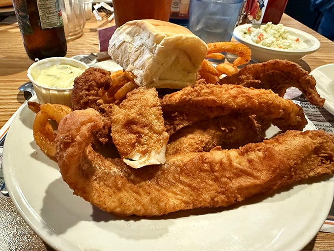 This isn't just a plate of food&mdash;it's an archaeological dig of deliciousness. Each golden layer of fried goodness tells a different story of perfection.