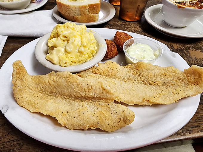 Friday's fried fish special – proof that sometimes the best catch of the day comes with a side of mac.