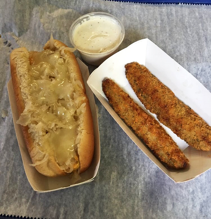 The star attraction: golden-brown fried pickle spears with ranch dipping sauce &ndash; a tangy-crunchy combo that converts pickle skeptics into true believers.