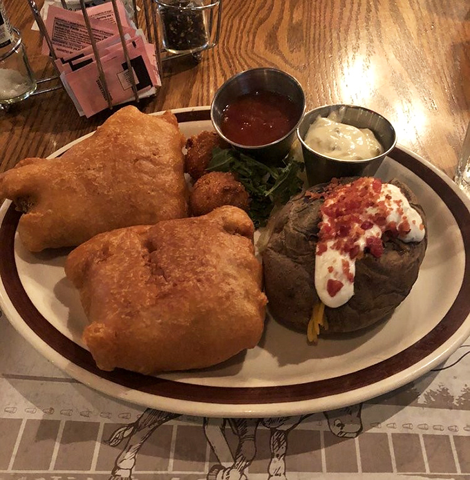 Who says Angelo's is just about steaks? This golden-fried fish and loaded potato prove that seafood gets equal billing in this coastal classic.