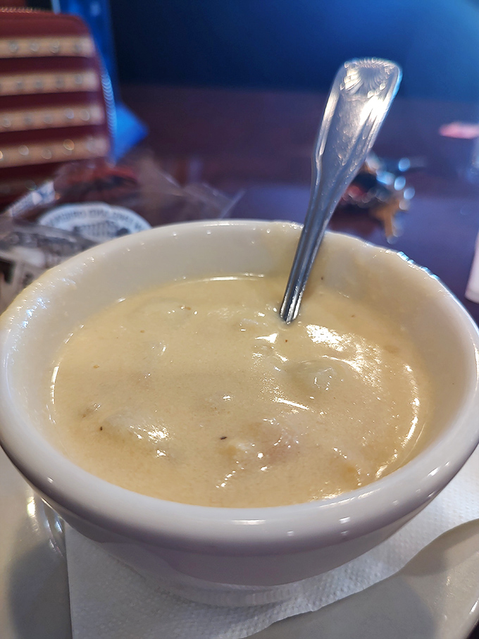A creamy bowl of what appears to be clam chowder—that perfect comfort food that warms your soul even in Florida's perpetual summer.