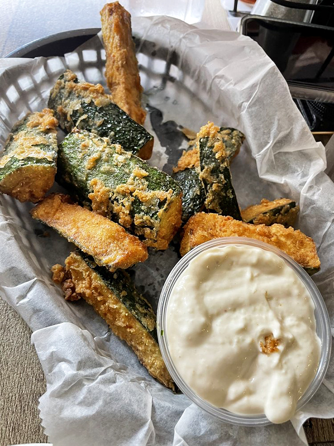 Fried zucchini sticks that make eating vegetables feel like cheating. The horseradish mayo dip is the accomplice in this delicious crime.