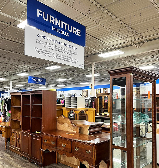 The furniture section showcases solid wood treasures that whisper tales of dinner parties past and family gatherings yet to come.