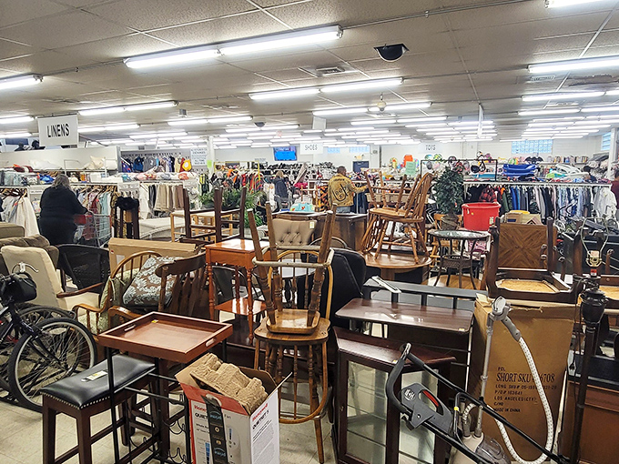 The furniture section: where solid wood pieces with good bones await visionaries who can see past the "boldly vintage" upholstery choices.