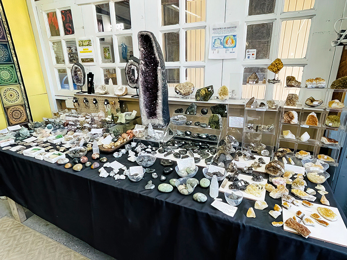 Nature's artwork displayed with human precision &ndash; amethyst towers and polished stones create a geological candy store for crystal enthusiasts and collectors alike.