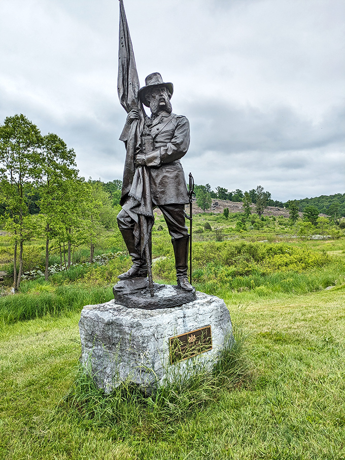 General Crawford keeps a bronze eye on the battlefield where he once commanded troops. The statue's stoic expression says, "I've seen things."