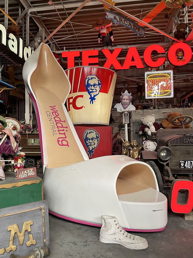 If Cinderella were a 1970s disco queen, this would be her glass slipper. Towering over KFC buckets, this giant pump kicks conventional museums to the curb.