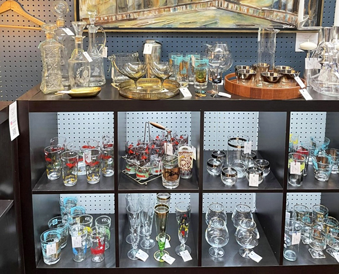 Mid-century cocktail glasses await your Manhattan or Old Fashioned. These aren't just drinks; they're time machines in stemware form.