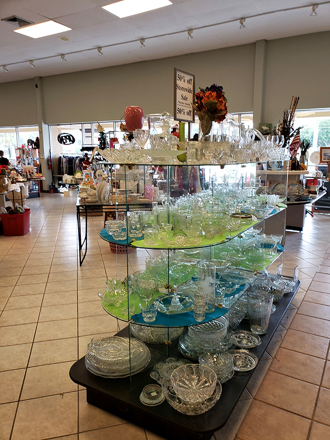 Crystal and glassware displays showcase delicate treasures that somehow survived their previous owners and now await your dinner parties. 