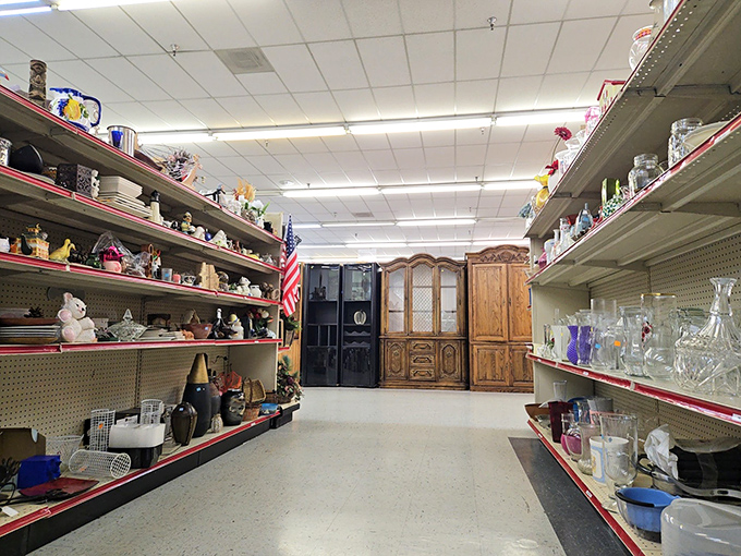 The housewares aisle: a time capsule of American kitchen history where vintage Pyrex meets forgotten china patterns and quirky collectibles.