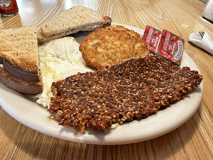 Goetta: Cincinnati's gift to breakfast lovers everywhere. Those crispy patties alongside eggs and toast are Ohio's morning masterpiece.