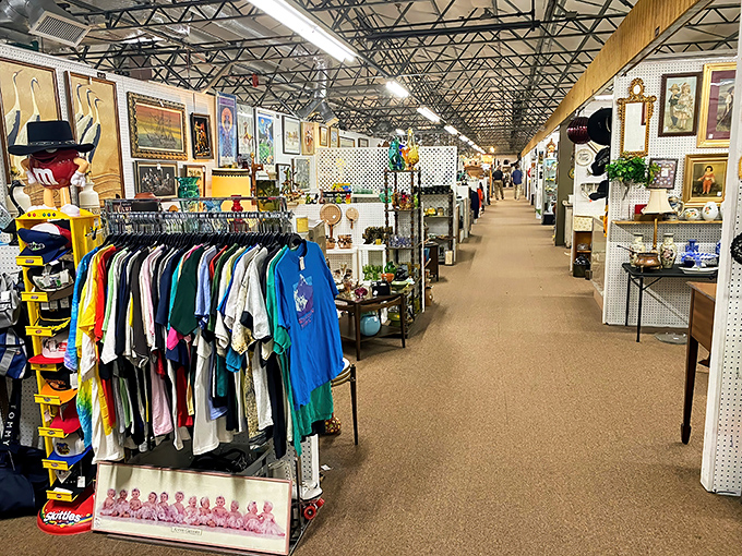 A collector's paradise stretches to the horizon, with each booth offering its own personality. The vintage t-shirts probably remember concerts you attended decades ago.