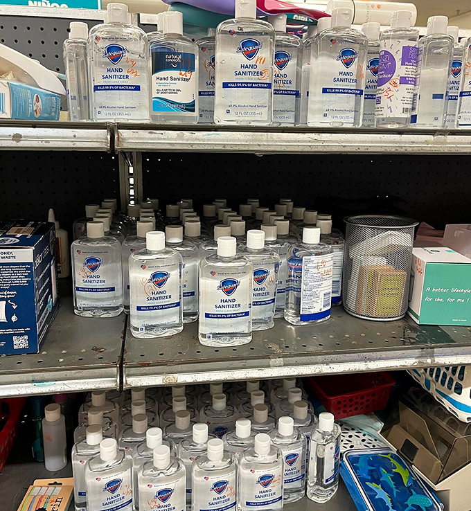 Even hand sanitizer gets the thrift store treatment. Pandemic essentials at non-panic prices—a reminder of our collective recent history on the clearance shelf.