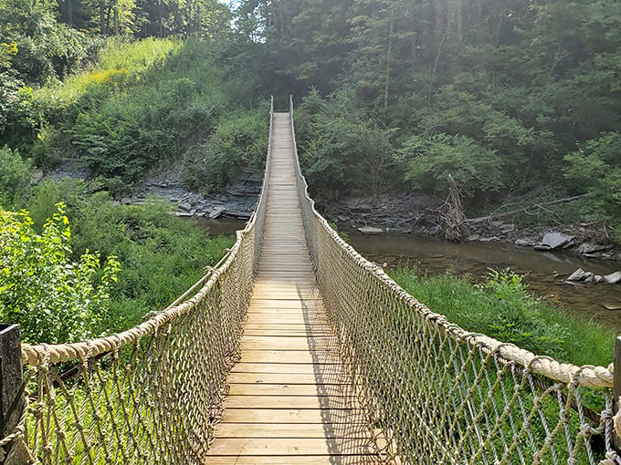 Indiana Jones would approve of this swinging bridge. Cross if you dare&mdash;the reward is worth the momentary wobble in your knees.