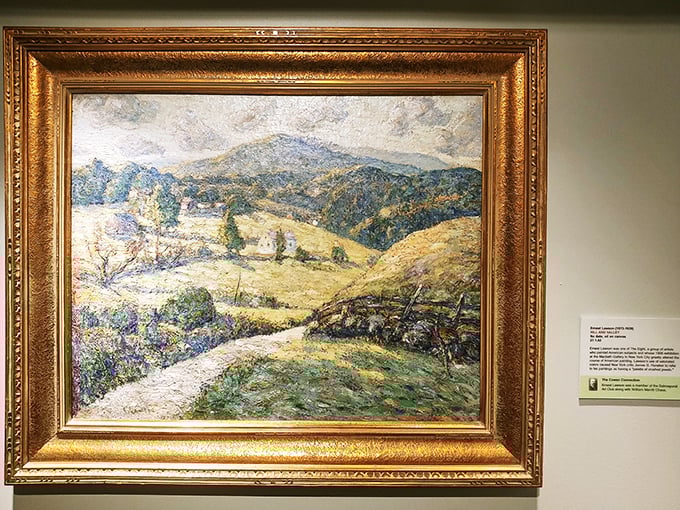 A peaceful interlude among the classical drama. This American landscape painting offers a serene counterpoint to the mythological narratives surrounding it.