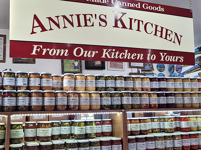 "Annie's Kitchen" isn't just a sign&mdash;it's a promise. These colorful jars capture seasons and flavors, standing like edible soldiers ready for your pantry.