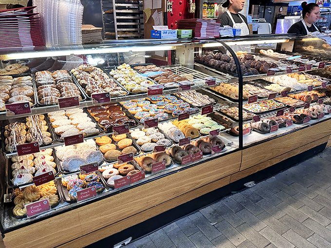 The display case at Beiler's: a museum of fried perfection where every exhibit deserves your undivided attention and stomach space.