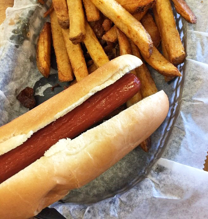 Sometimes simplicity is perfection. This classic hot dog nestled alongside golden fries proves comfort food needs no fancy introduction.