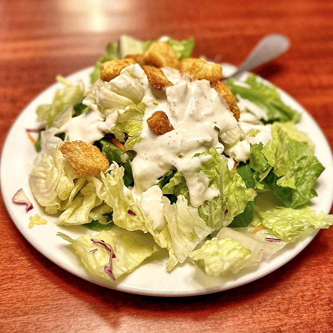 A house salad that actually deserves your attention. Crisp lettuce, house-made dressing, and croutons that weren't born in a factory.