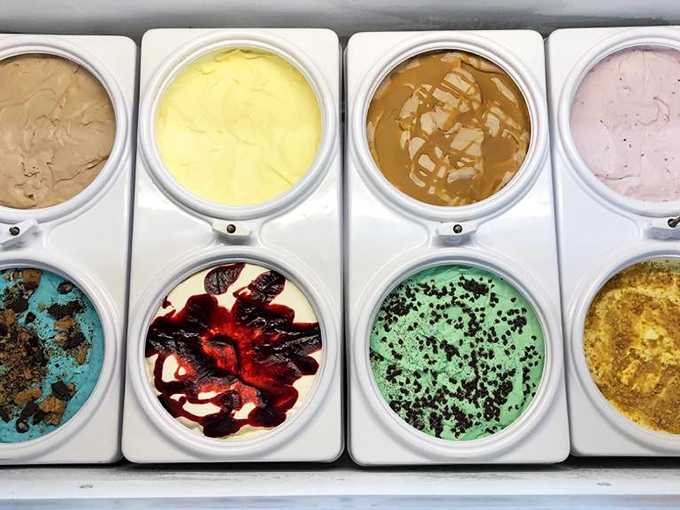 Ice cream flavors lined up like edible jewels. That mint chocolate chip is the color of money, and just as valuable on a hot Ohio afternoon. 