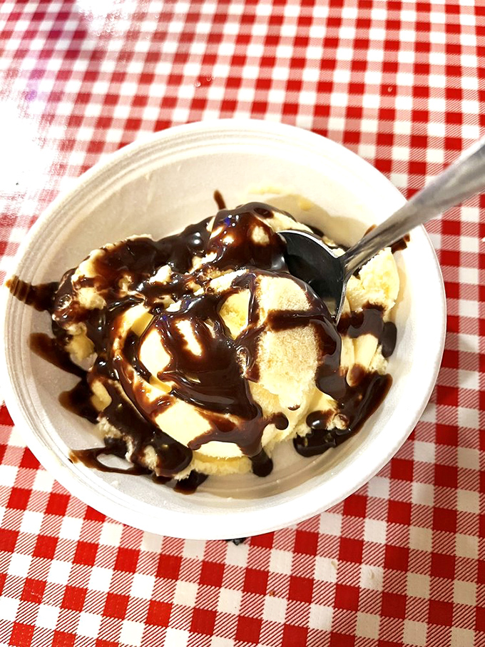 Ice cream drizzled with chocolate sauce—proof that sometimes the simplest desserts deliver the most profound happiness.