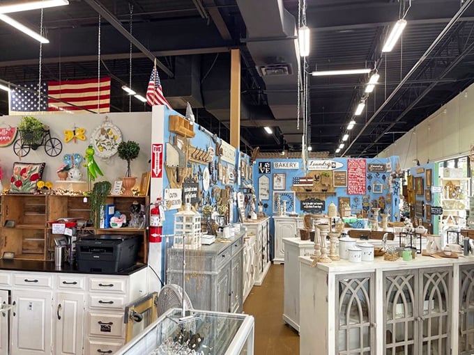 American nostalgia arranged in perfect vignettes. The flag watches over a collection that spans from farmhouse chic to coastal cottage.