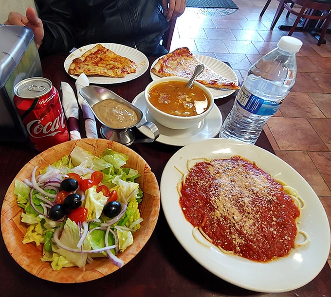A feast for both eyes and stomach: garden-fresh salad, hearty soup, and pasta draped in vibrant marinara&mdash;the Italian trifecta of satisfaction.