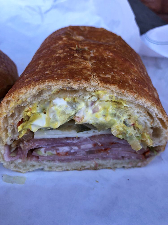 A cross-section view that reveals the geological layers of Italian cold cuts, a sandwich archaeologist's dream discovery.