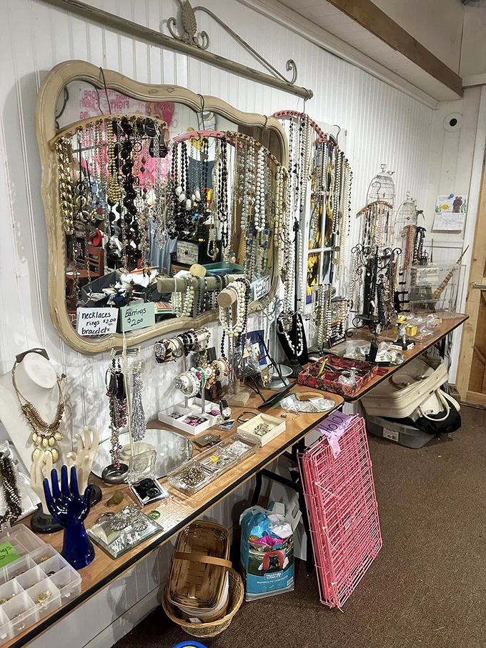 The jewelry display transforms a vintage mirror into a sparkling wonderland. More necklaces than a pirate's treasure chest after a particularly successful year.