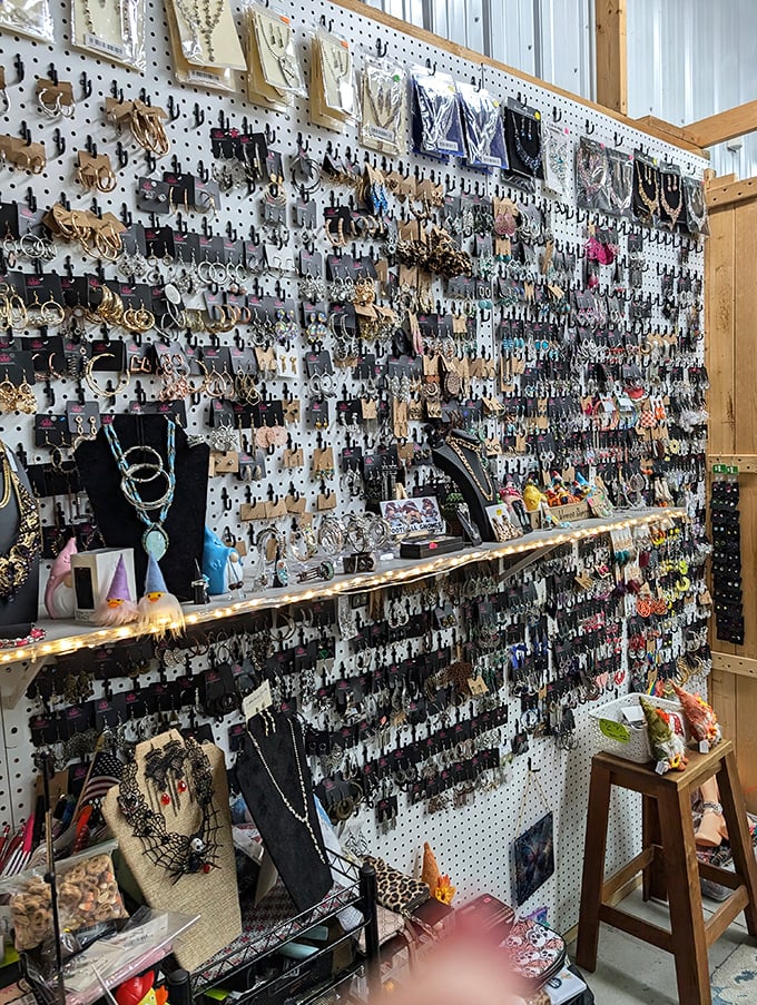 A wall of possibilities dangling before your eyes. Each earring and necklace waits patiently for its perfect match to walk by.