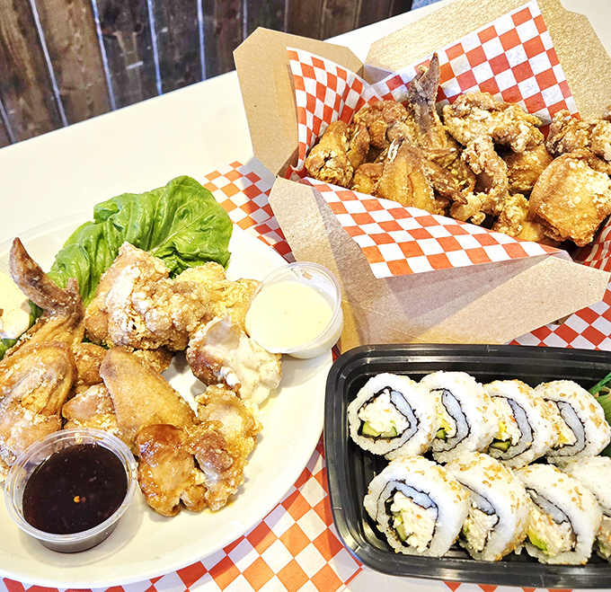 The ultimate indecision solution: karaage and sushi together on one table. Why choose between culinary pleasures when you can have both?