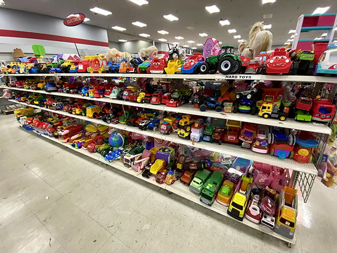 A toy paradise that makes you wonder if Santa's workshop had a garage sale. Every childhood dream lined up in neat rows.