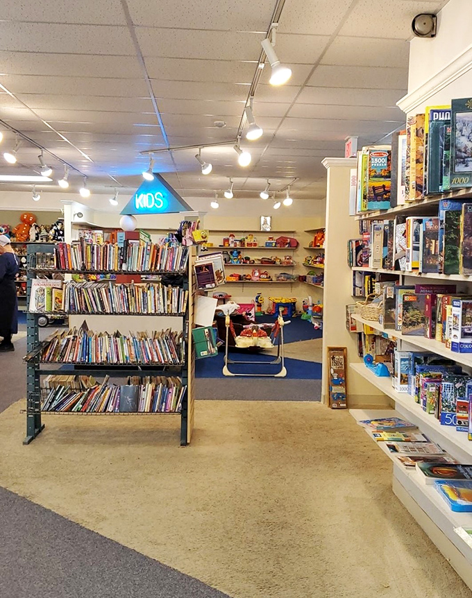 The children's section glows with nostalgic charm, where books of yesteryear sit ready to enchant a new generation of young readers.