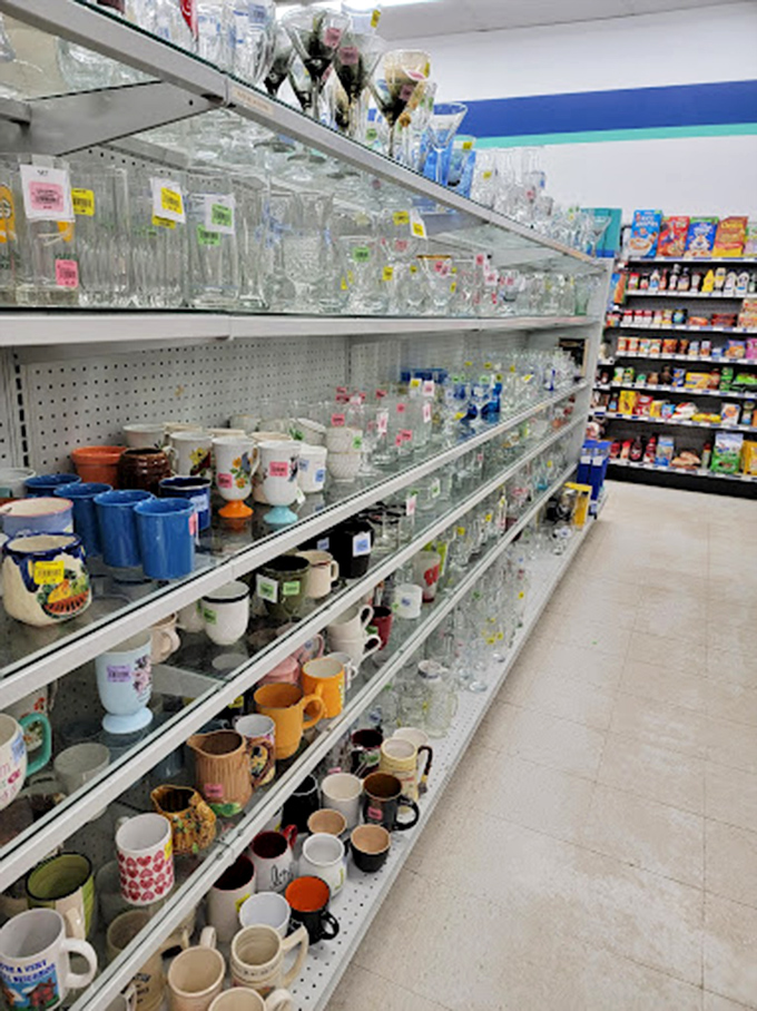 Mugs and glassware stand at attention like hopeful contestants on a dating show, each one waiting for someone to take them home.