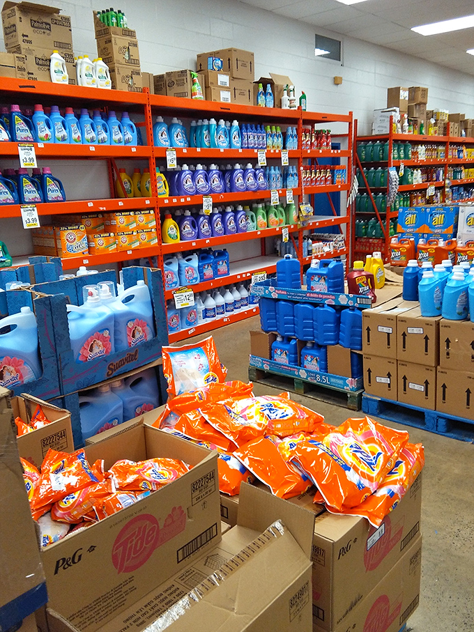 Laundry products stacked with military precision. Clean clothes and a healthy bank account&mdash;finally possible in the same lifetime.