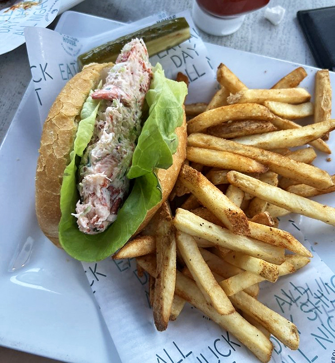 This lobster roll doesn't skimp on the good stuff &ndash; chunky lobster meat barely contained by its toasted vessel, with fries standing by for backup satisfaction.