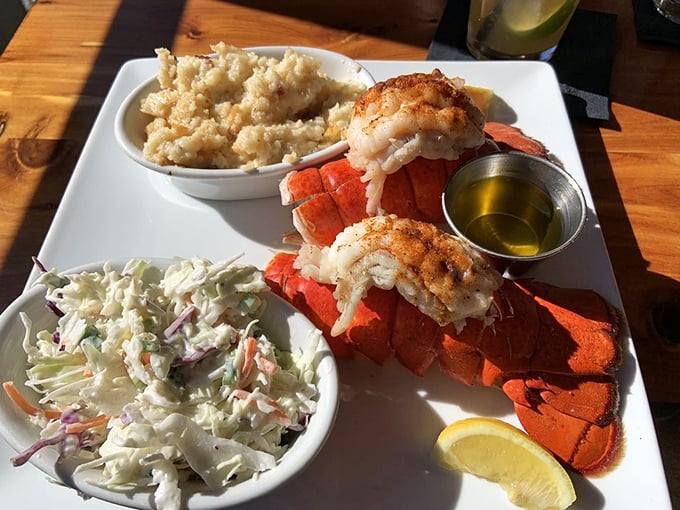 Lobster tails sunbathing next to coleslaw and garlic mashed potatoes&mdash;a vacation on a plate that makes you forget you're in the mountains.