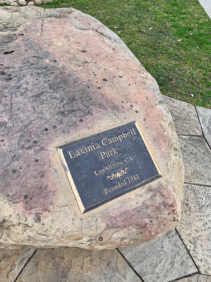 Lavinia Campbell Park's commemorative stone tells stories of Los Olivos' past while providing a perfect picnic perch.