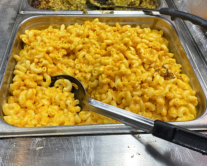 Mac and cheese so gloriously orange it could be seen from space. Comfort food that demands a moment of respectful silence.
